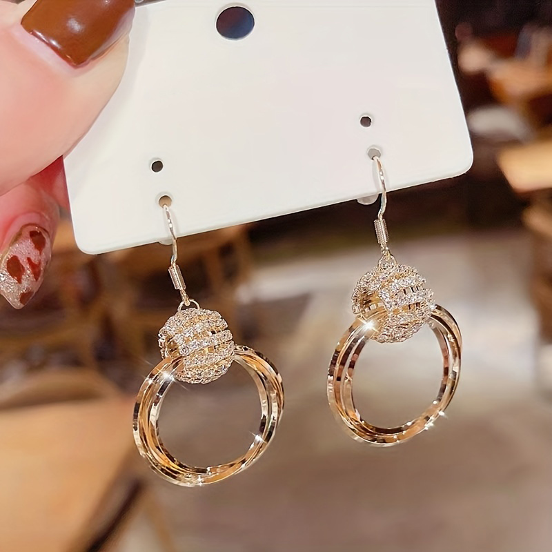 Hollow Circle Shiny Rhinestone Decor Golden Dangle Earrings - Temu ...