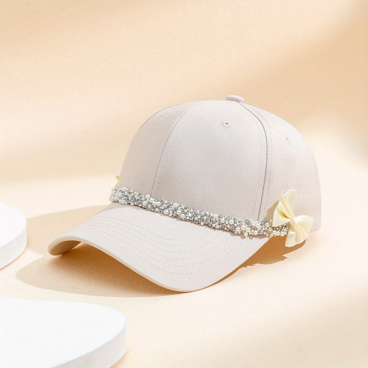 bow decor beige baseball cap pearl cotton - Temu Australia