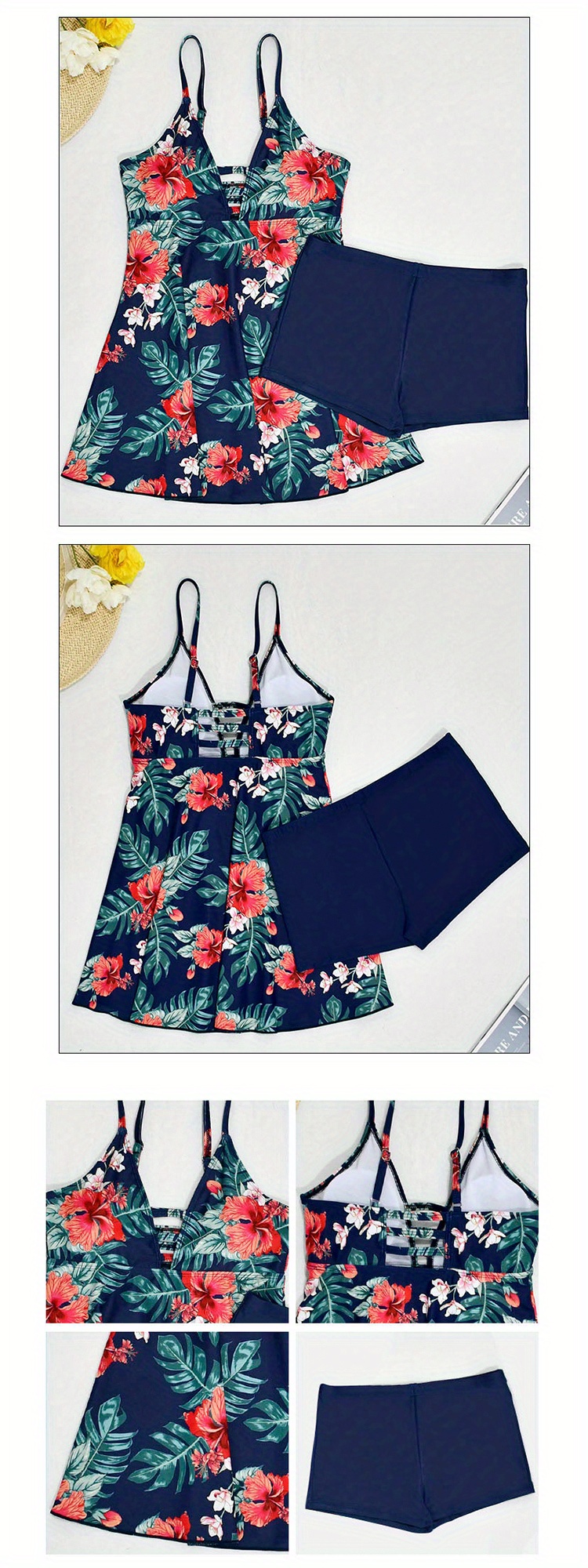 Random Print B Neck Tankini Sets Cut Spaghetti Straps Boxer - Temu