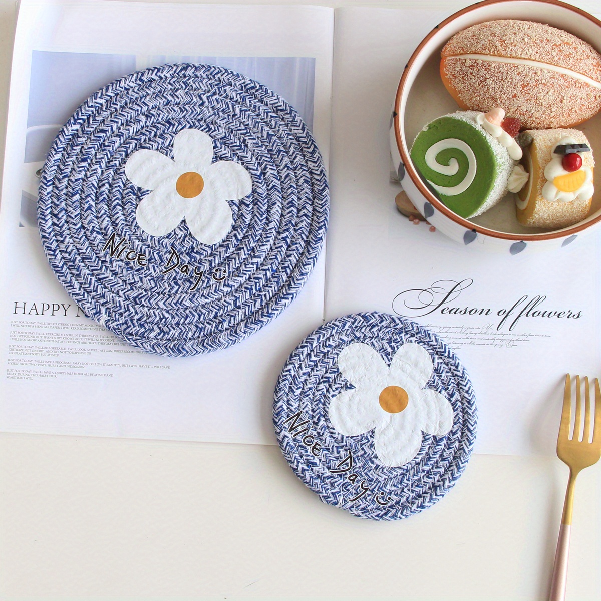 Korean Ins Style Cute Flower Coaster Placemat Cotton Thread - Temu ...