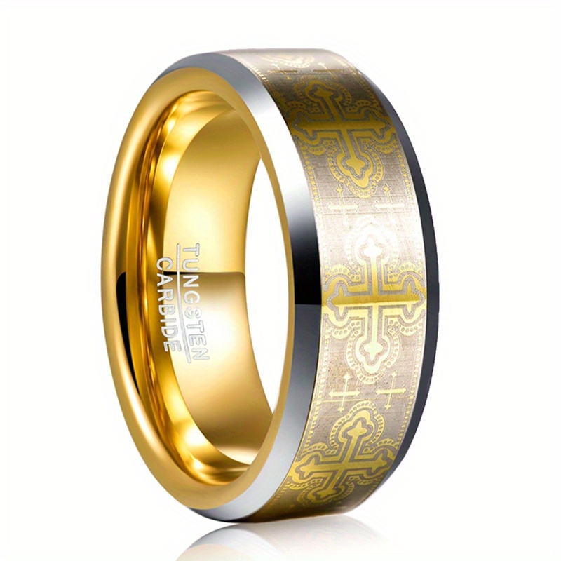 Men's Width Plated Golden Laser Flower Cross Tungsten Ring - Temu ...