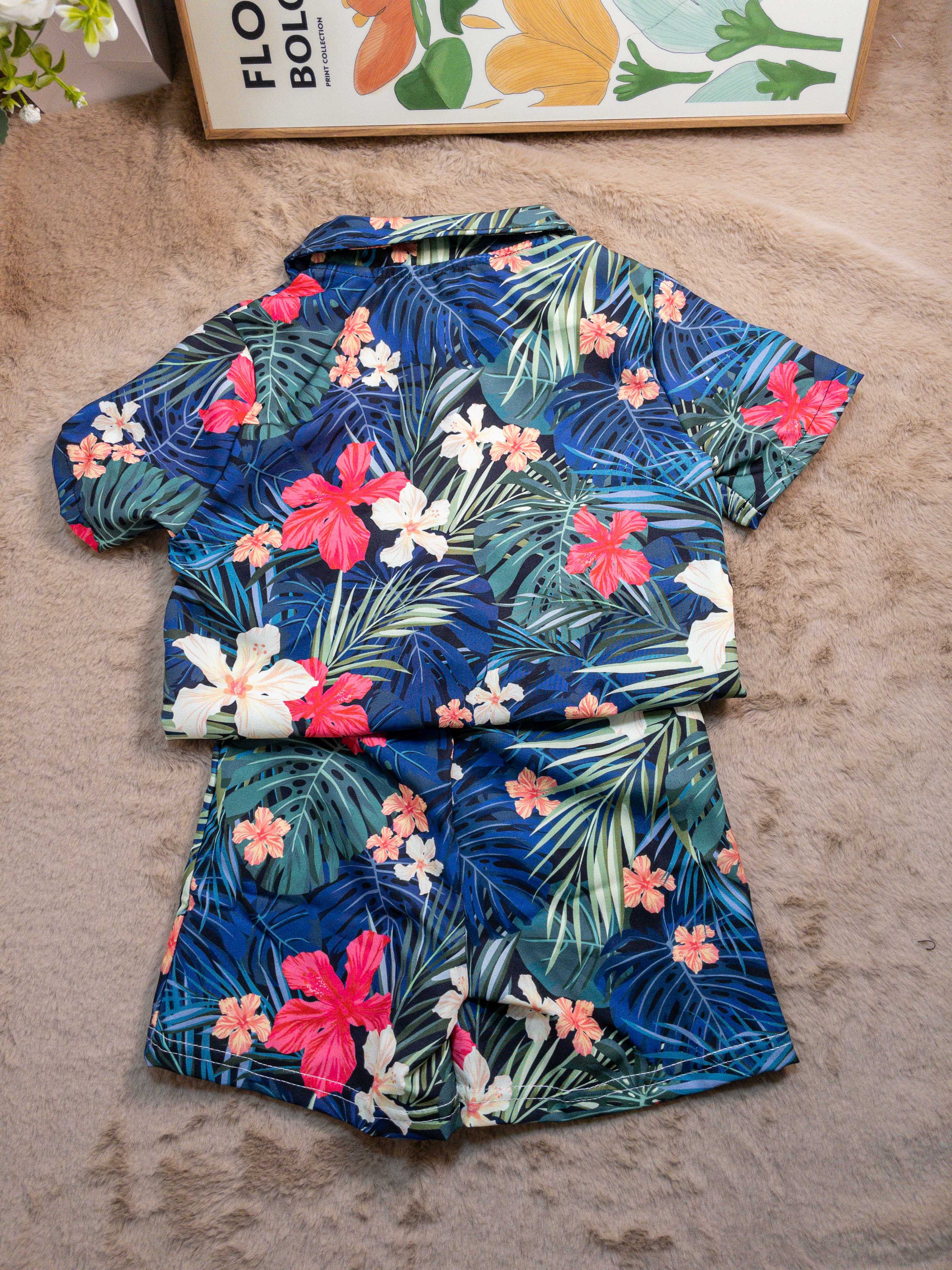男の子の花と葉のプリント衣装半袖シャツ And ショーツ休暇ビーチ子供夏服セット Temu Japan