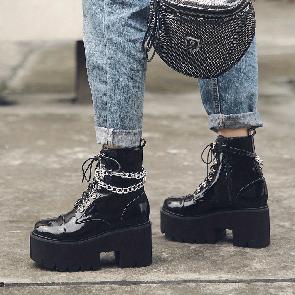 Womens Platform Motorcycle Boots Punk Style Chain Decor Temu