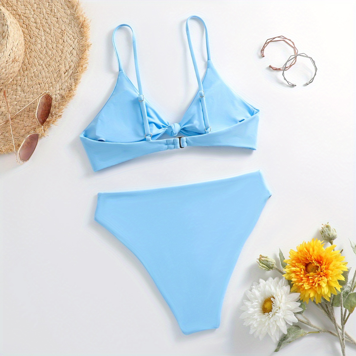 Knot V Neck Solid Color Bikini Spaghetti Strap Stretchy High - Temu