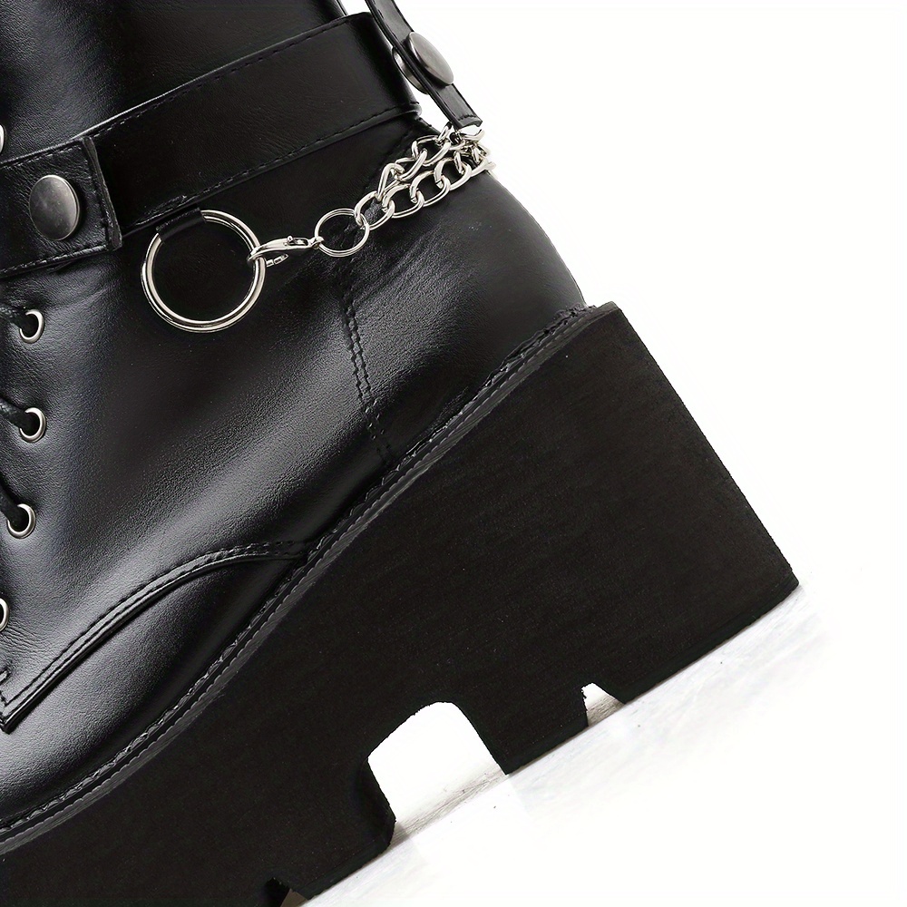 Women's Platform Ankle Motorcycle Boots, Chain Decor Lace Up Block Heel ...