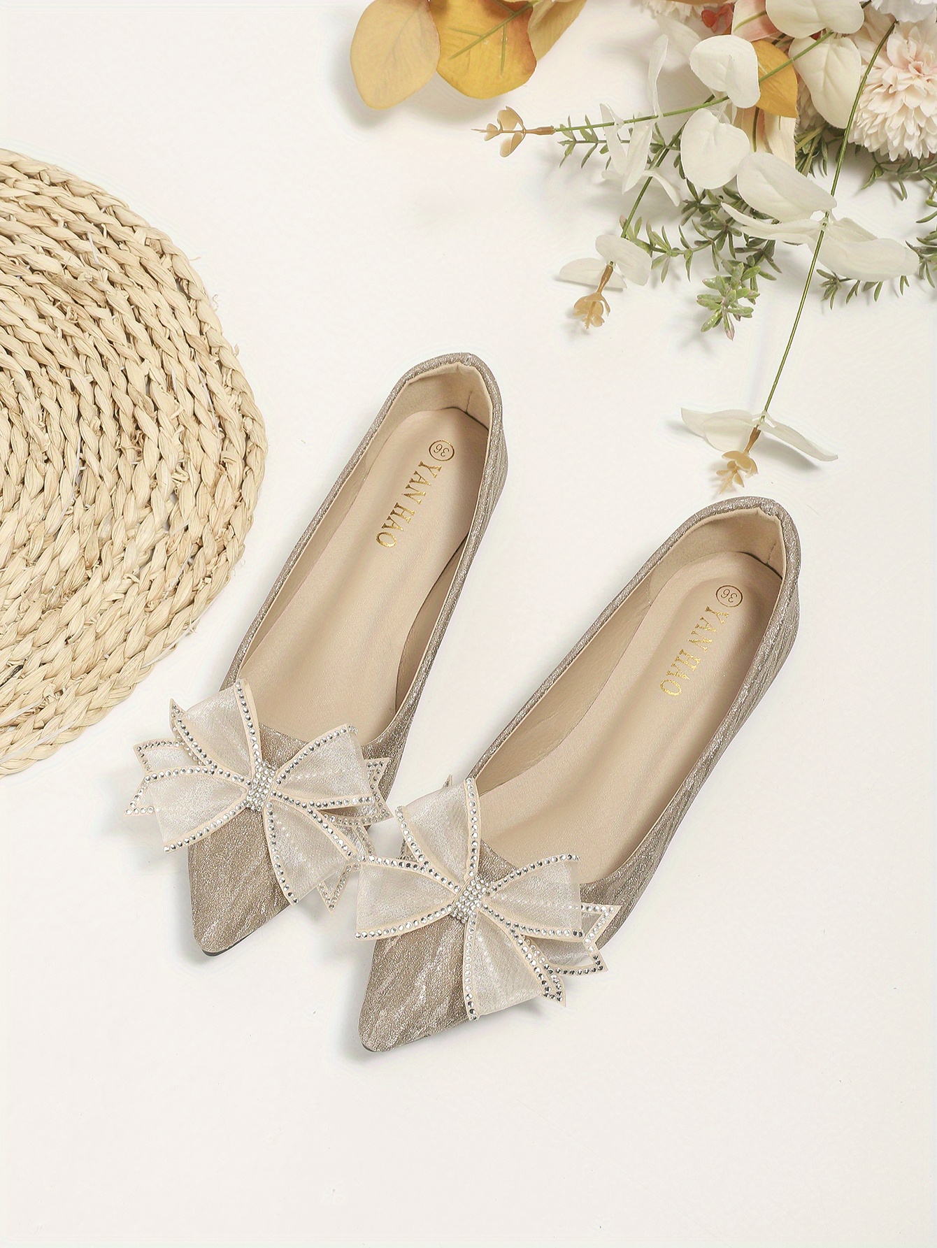 Women's Sparkle Bow Ballet Flats Pointed Toe Soft Sole Slip - Temu New ...