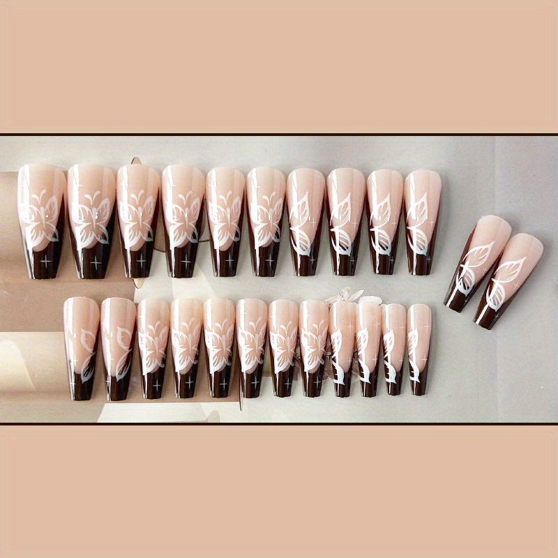 Coffee Brown French Tip Press Nails Long Coffin Nails - Temu United Kingdom