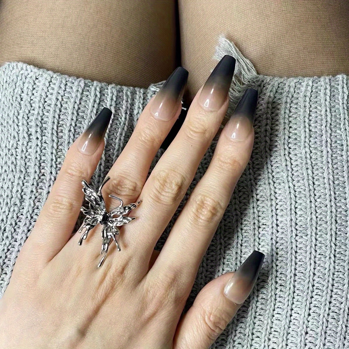 24pcs Gradient Black French Tip Press On Nails Long Coffin Fake Nails ...