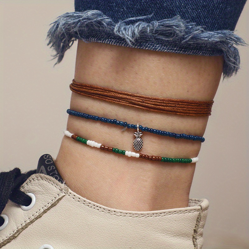 Beaded Boho Style Anklet Set Mini Rice Beads Pu - Temu Australia