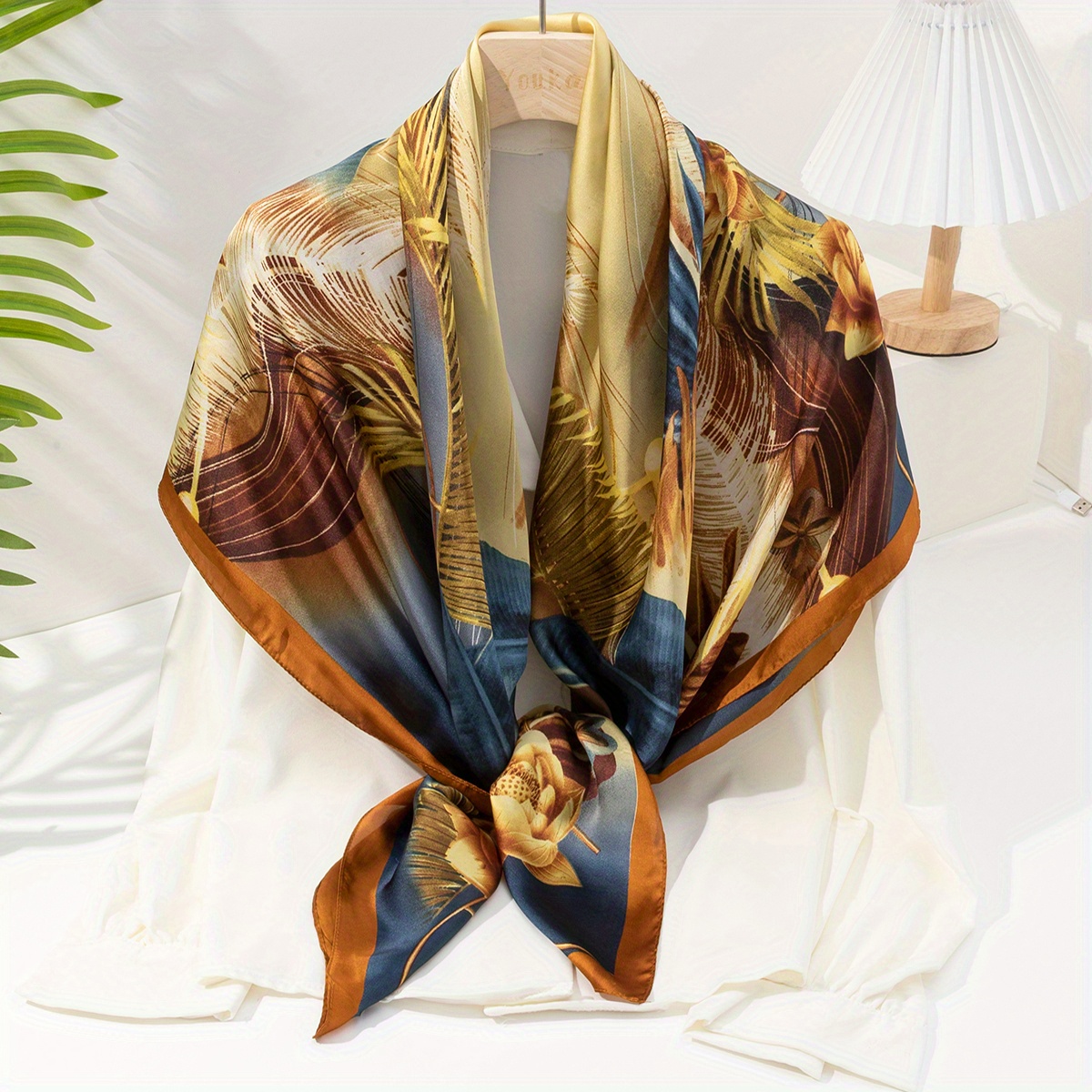 Golden Rose Print Bandana Elegant Feather Pattern Shawl - Temu