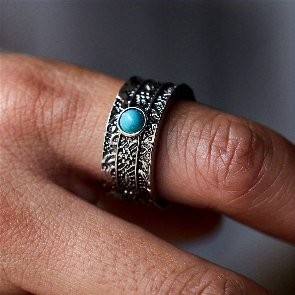 Gothic Vintage Floral Pattern Band Ring Inlaid Turquoise Statement ...