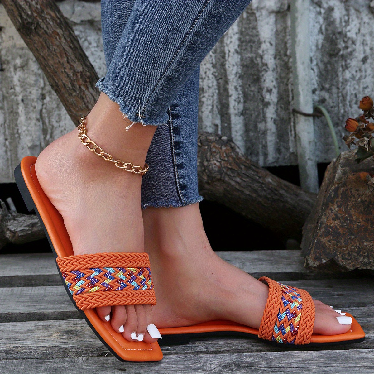 Women s Flat Slide Sandals Braided Single Band Square Toe - Temu New ...