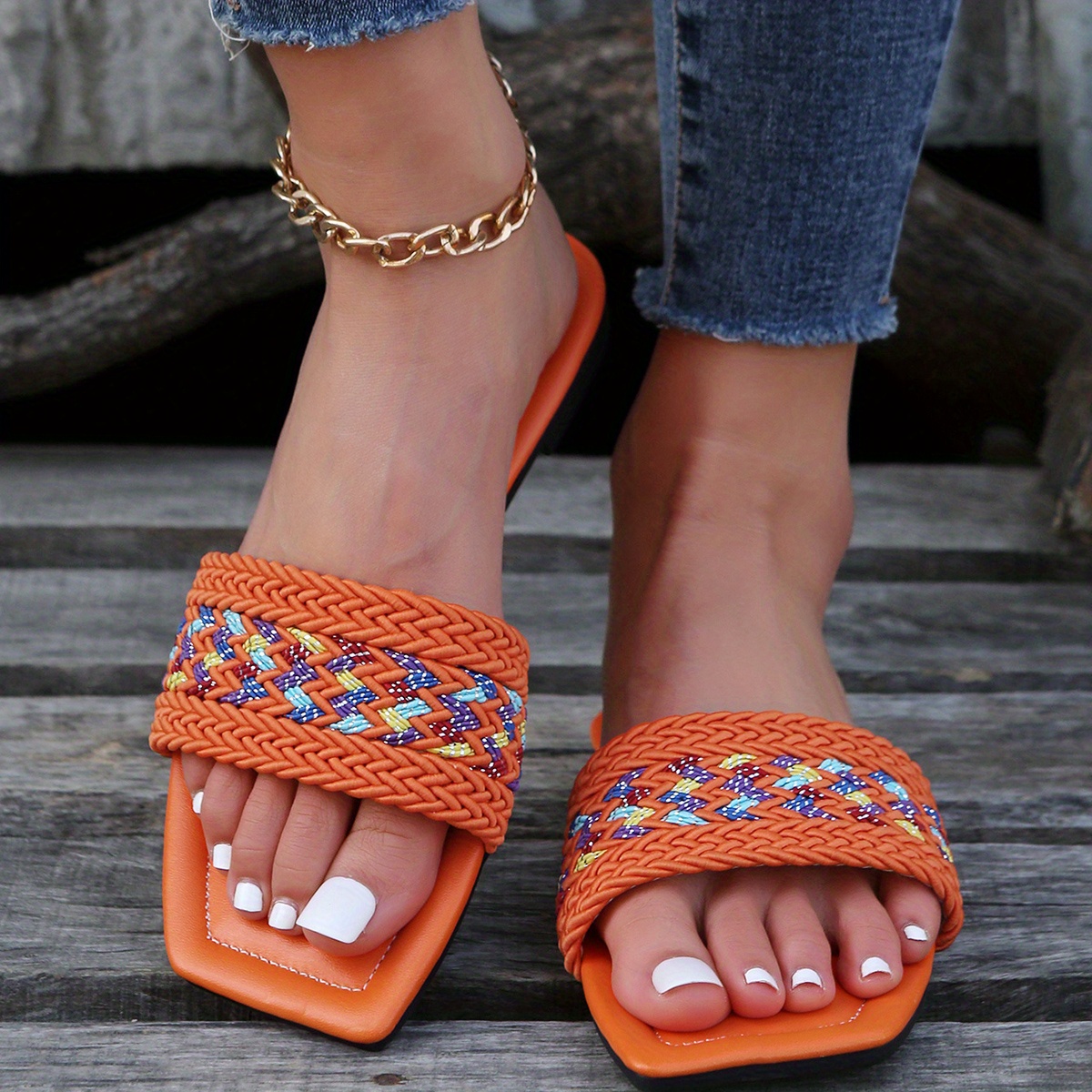 Women's Flat Slide Sandals Braided Single Band Square Toe Shoes ...