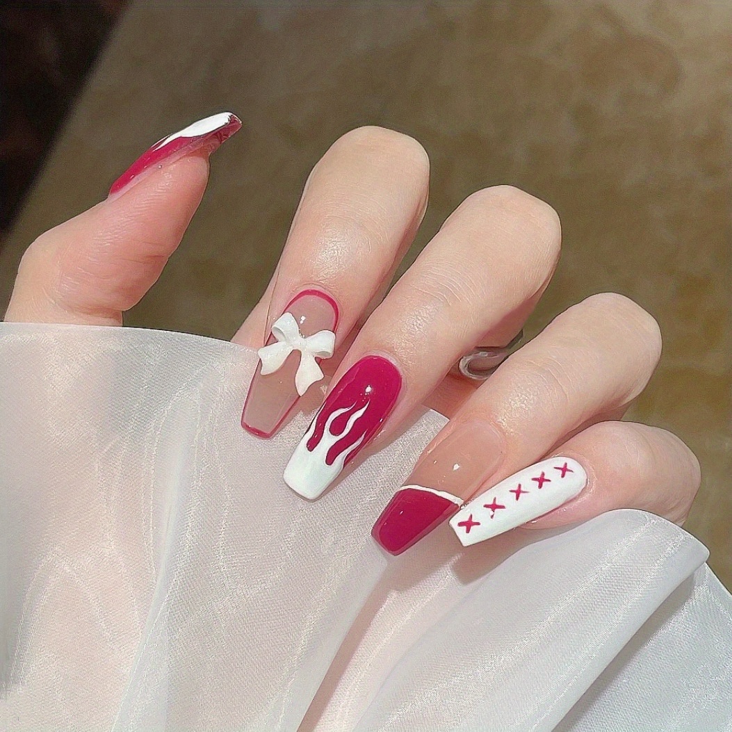 Easter Press On Nails Long Coffin Fake Nails Rose Pink And White ...