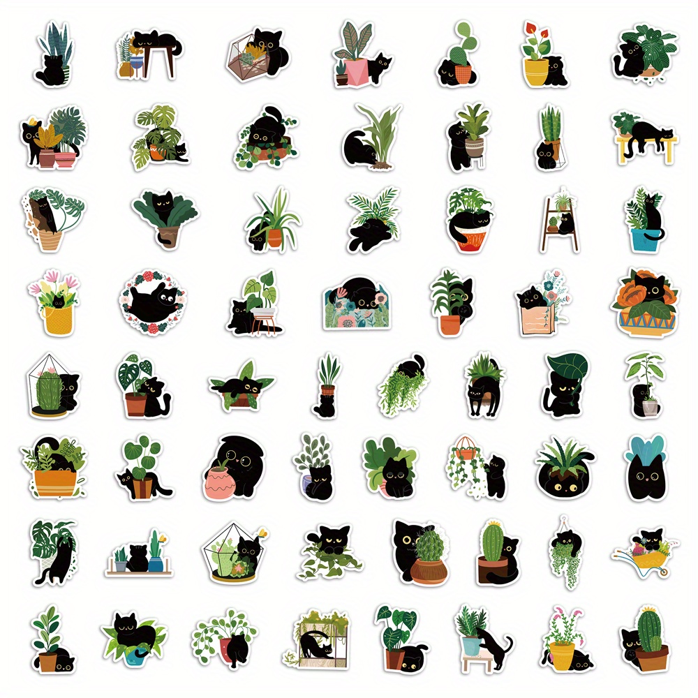 Cute Cat Plant Cartoon Stickers Vinyl Waterproof Black Cat - Temu