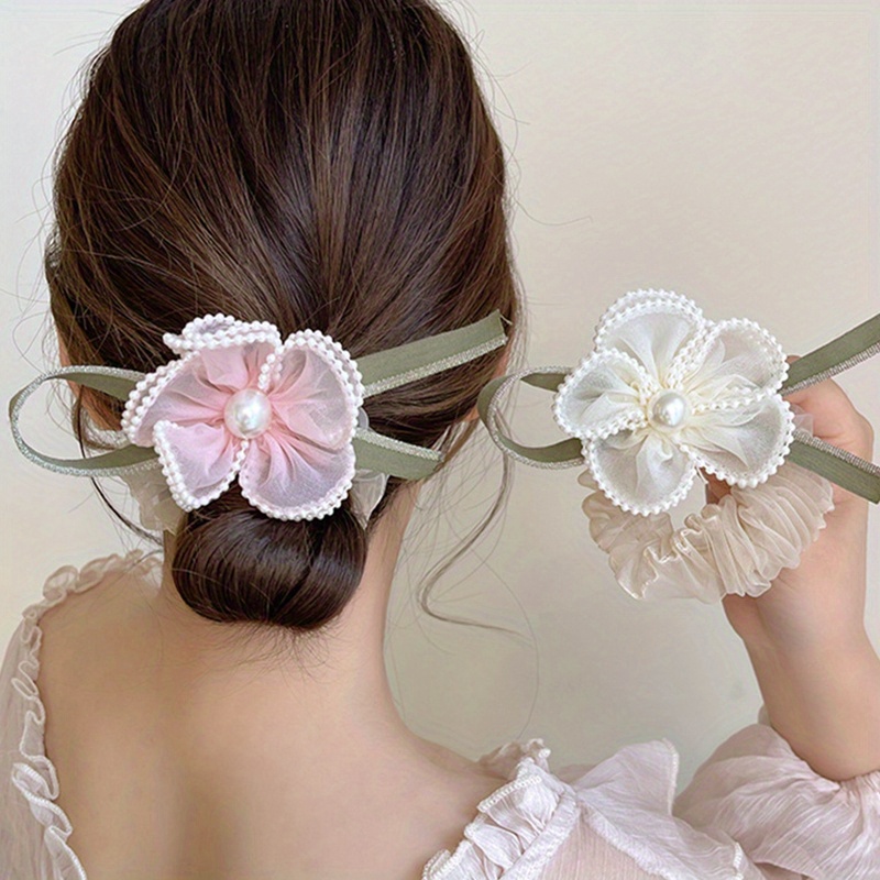 Elegant Pink Mesh Pearl Hair Tie Flower Hair Band Sweet - Temu Ireland