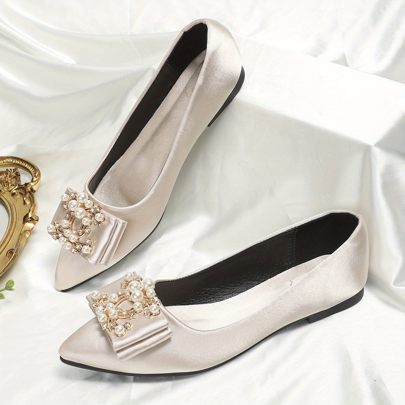 Women's Satin Ballet Flats Pointed Toe Faux Pearl Bow Slip - Temu ...