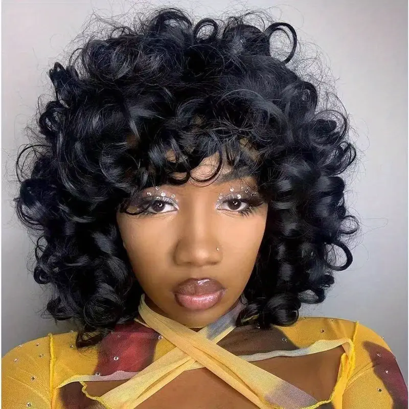 Natural Wavy Curly Wigs Bangs Fluffy Synthetic Fiber Heat Temu