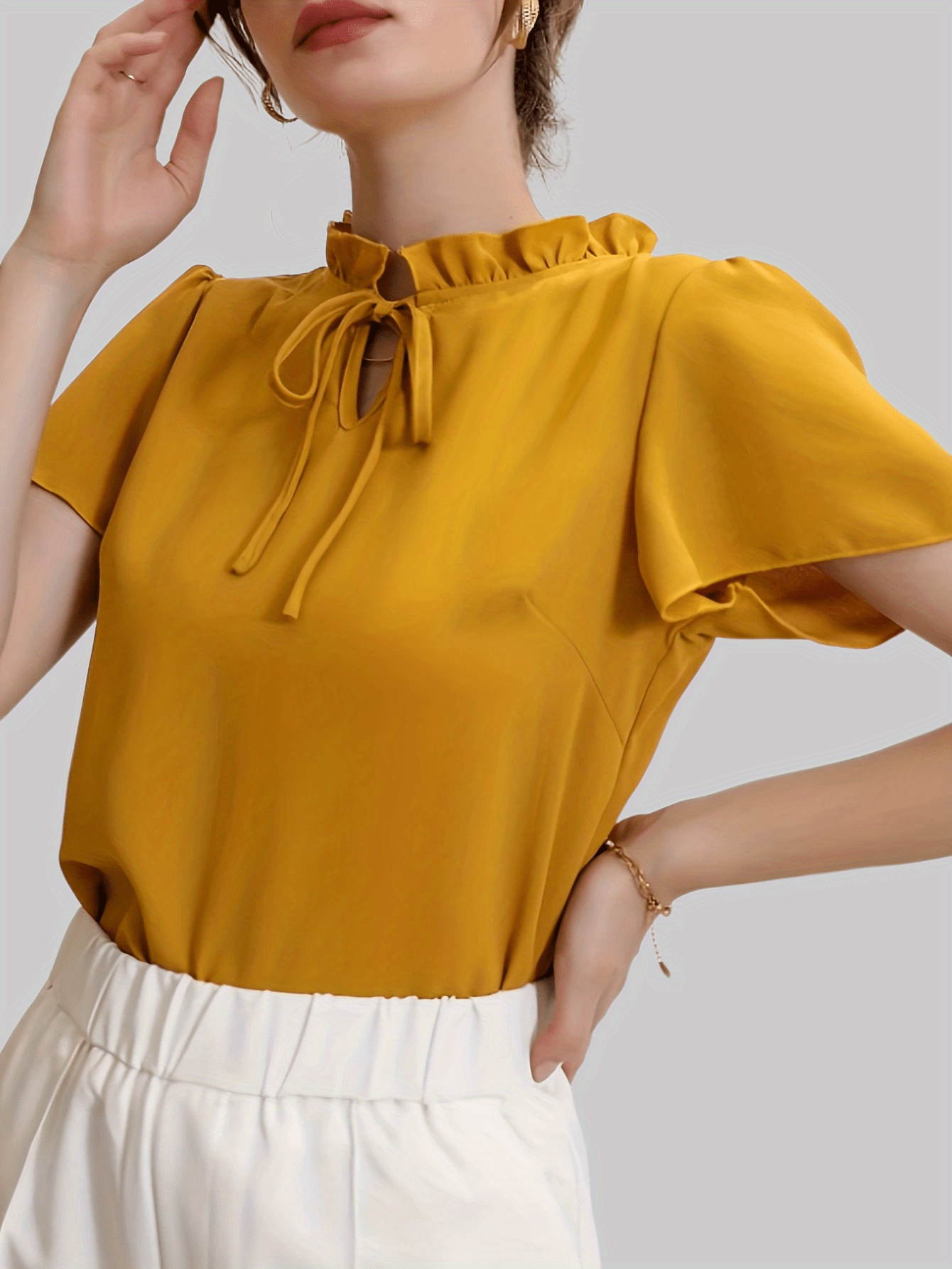 Solid Tie Front Blouse Casual Lettuce Trim Short Sleeve - Temu Australia