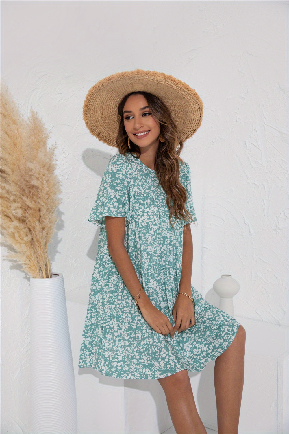 Ditsy Floral Print Dress Vacation Crew Neck Ruffle Trim - Temu United Kingdom