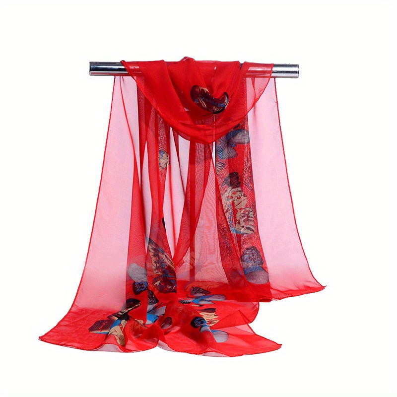 Butterfly Print Casual Scarf Solid Color Gauze Shawl Elegant Head Wrap ...