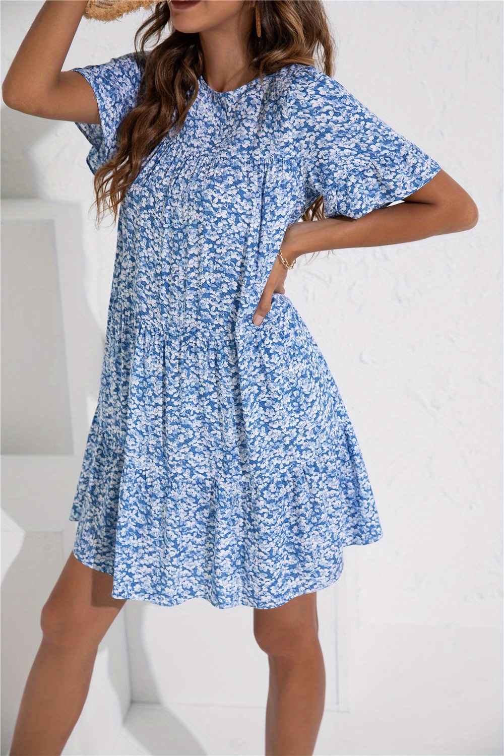 Ditsy Floral Print Dress Vacation Crew Neck Ruffle Trim - Temu United Kingdom