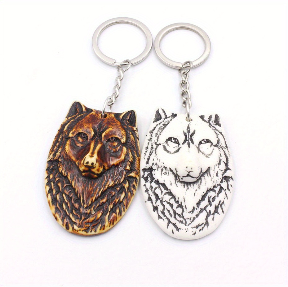 Mens Wolf Keychain Car Key Chain Cool Bone Carved Charms Keyring For ...