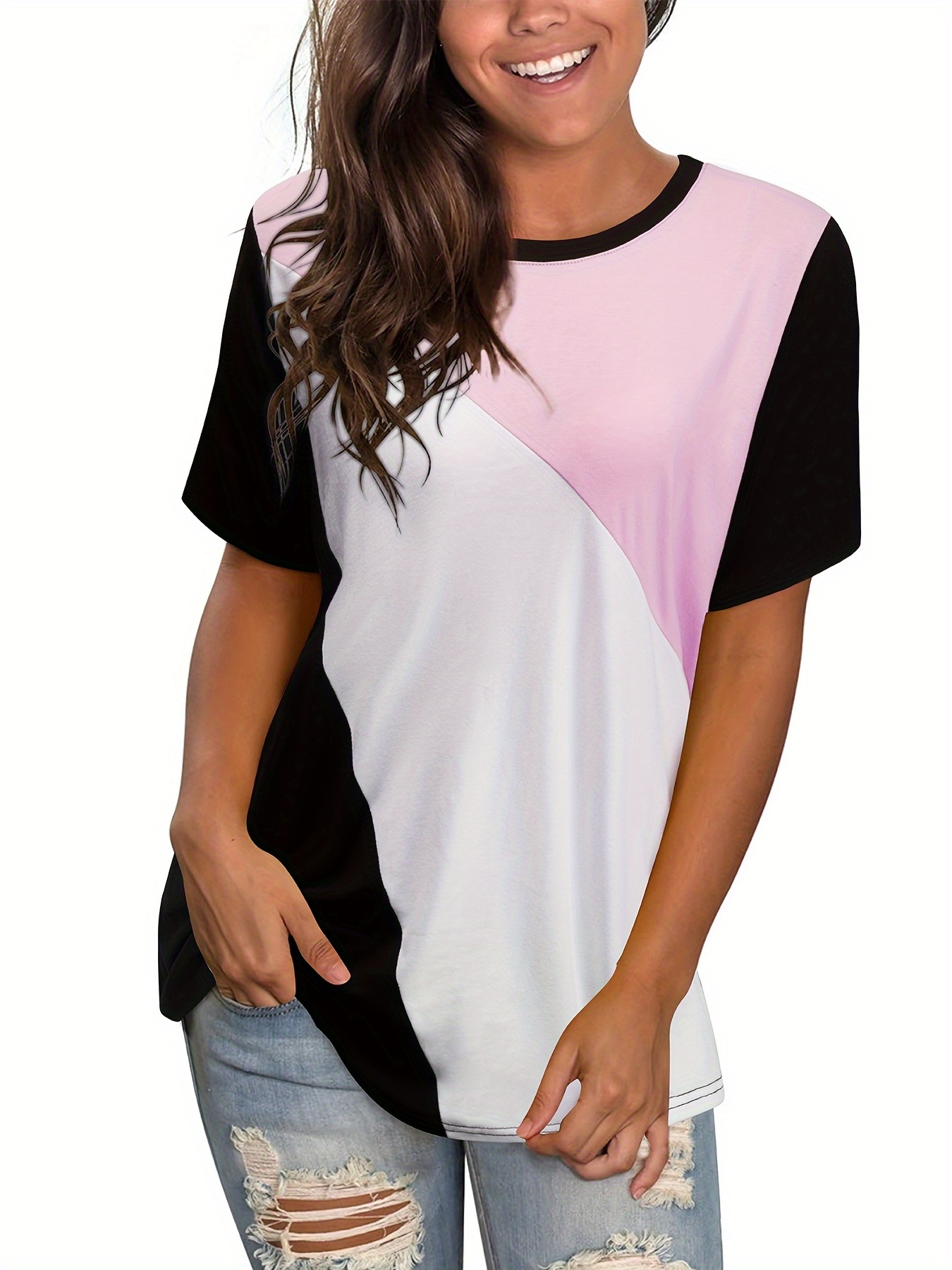 カラーブロック シンプル Tシャツ カジュアル クルーネック 半袖 夏 Tシャツ 婦人服 Temu Japan