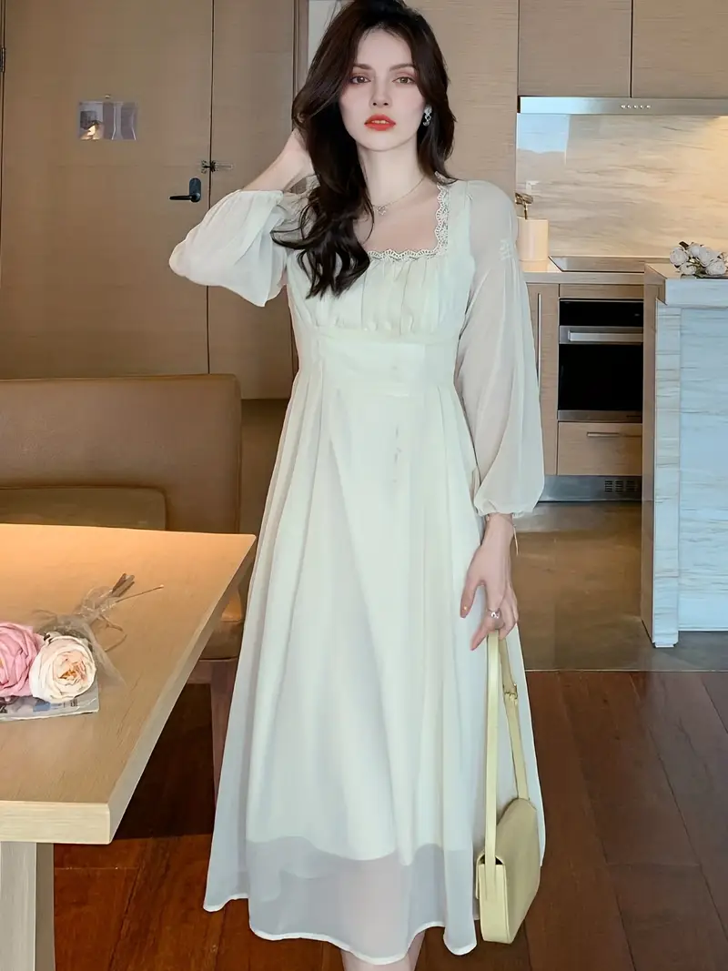 Solid Contrast Lace Dress Elegant Long Sleeve Squared Neck Ruched