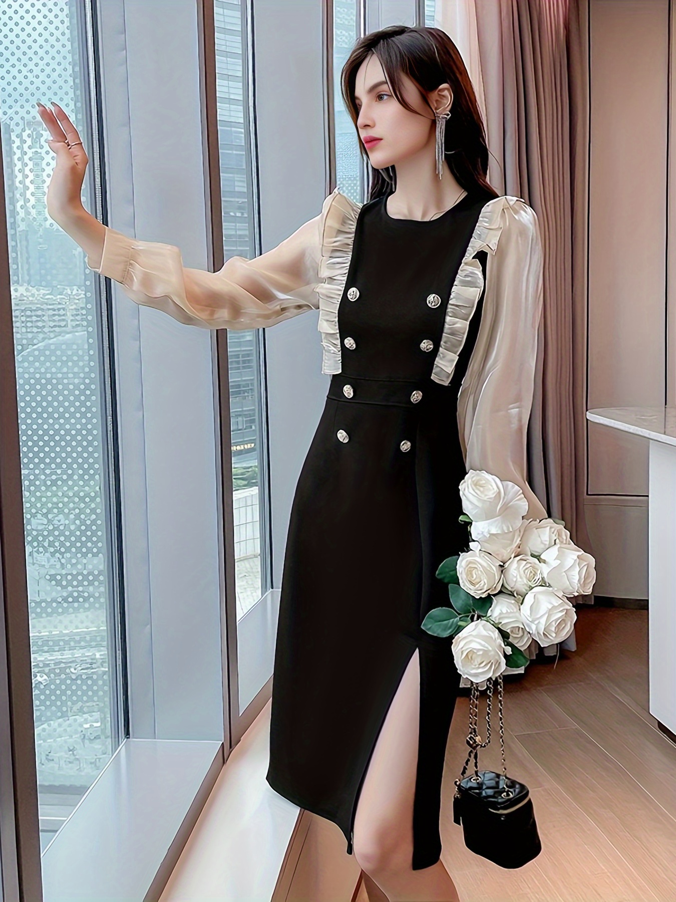 mesh stitching sleeve dress elegant double breasted split - Temu Canada