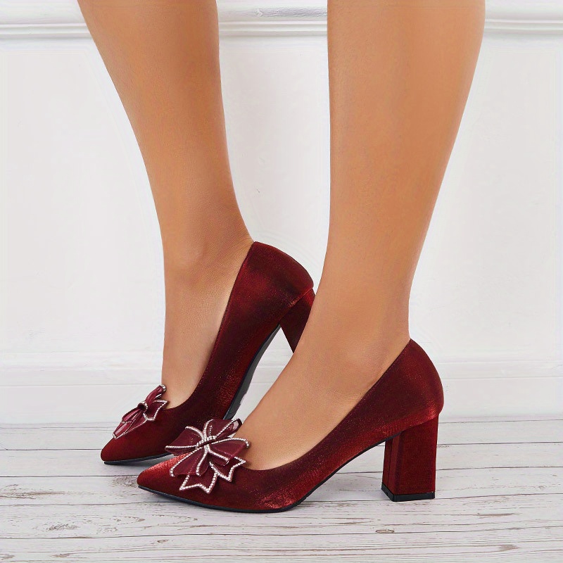 Women's Bowknot High Heels Pointed Toe Velvet Slip On Chunky Heels ...