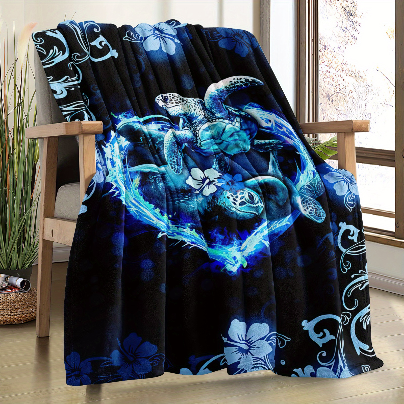Sea Turtle Throw Blanket Bohemian Cover Blanket Blue Bed - Temu