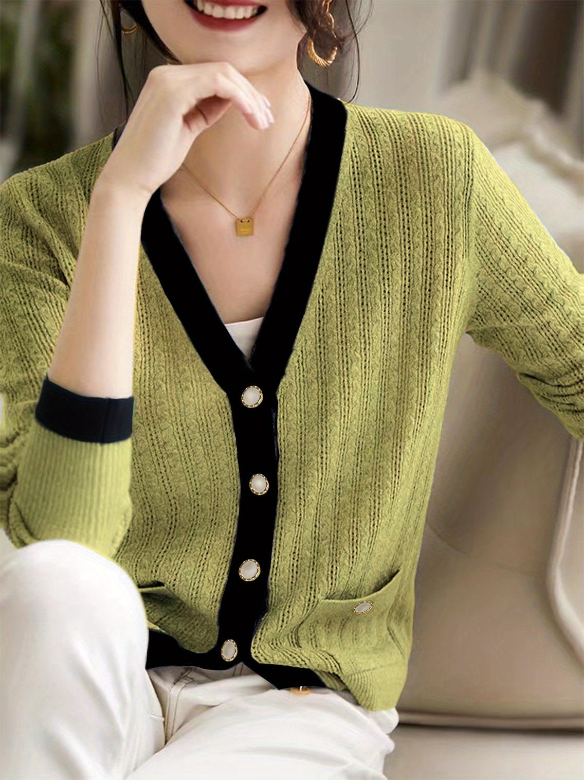 contrast trim button front cardigan casual v neck long - Temu New Zealand