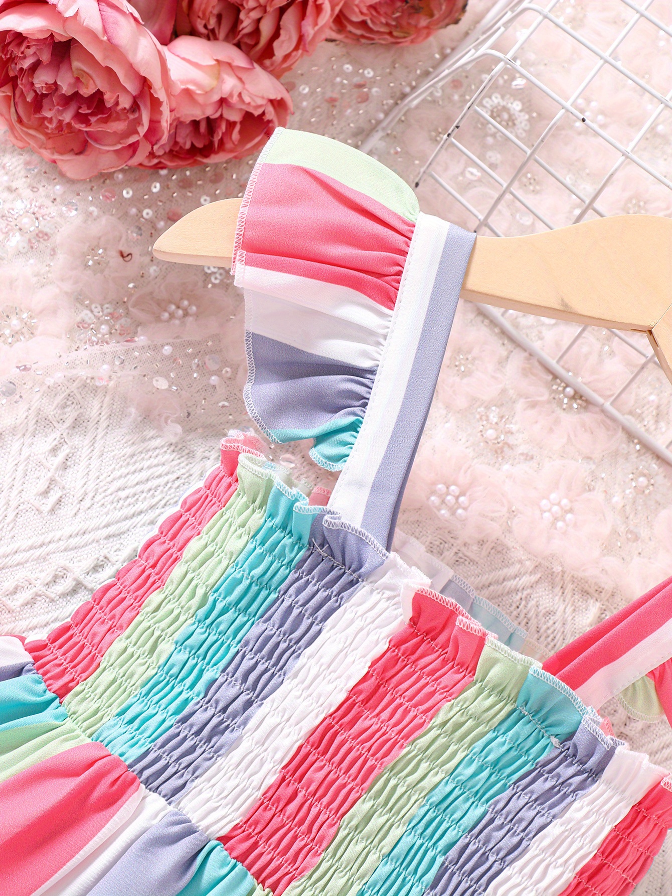 Toddler Girls Ruffle Trim Shirred Frill Trim Rainbow Color - Temu Norway