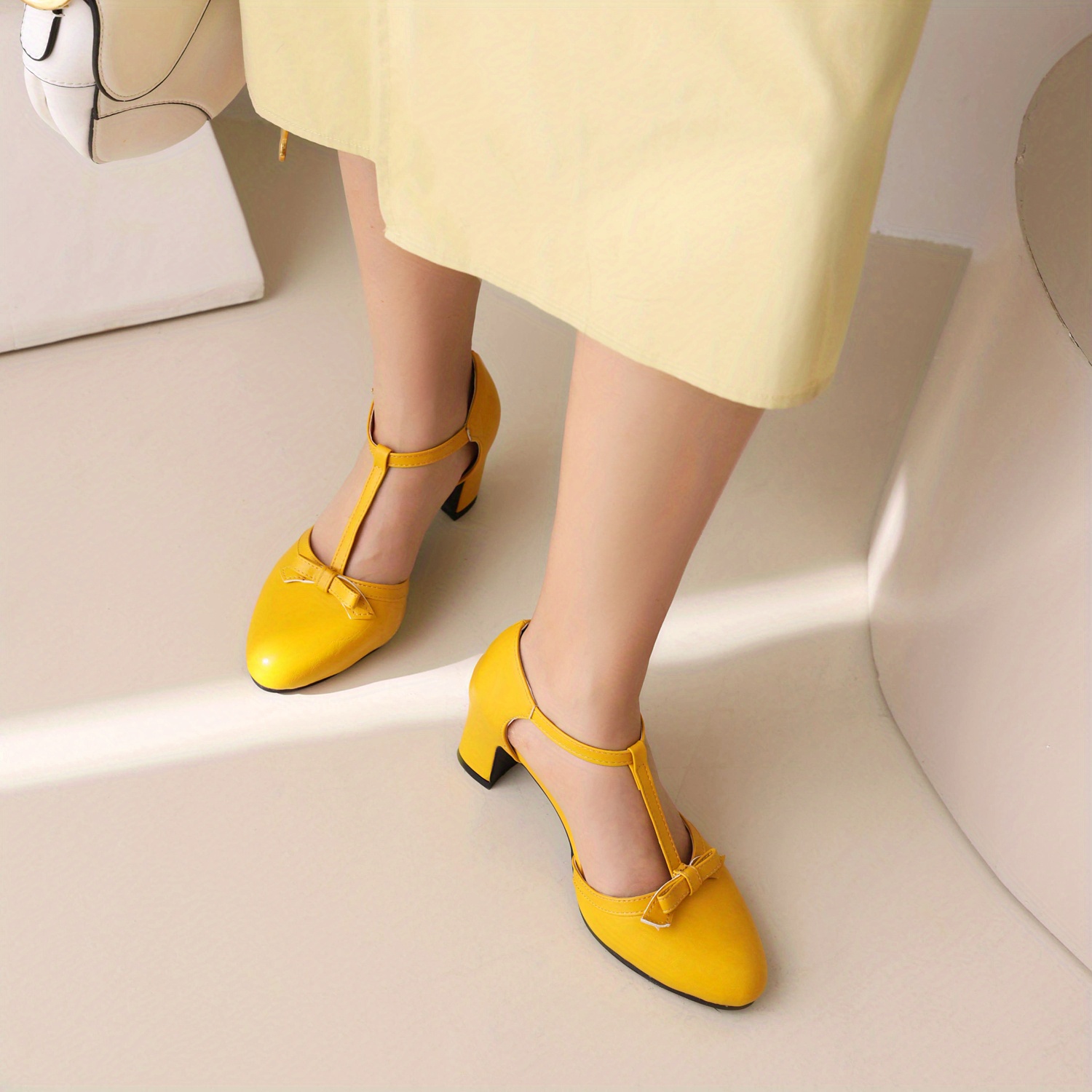 Womens Bowknot Block High Heels Solid T Strap Ankle Buckle - Temu ...