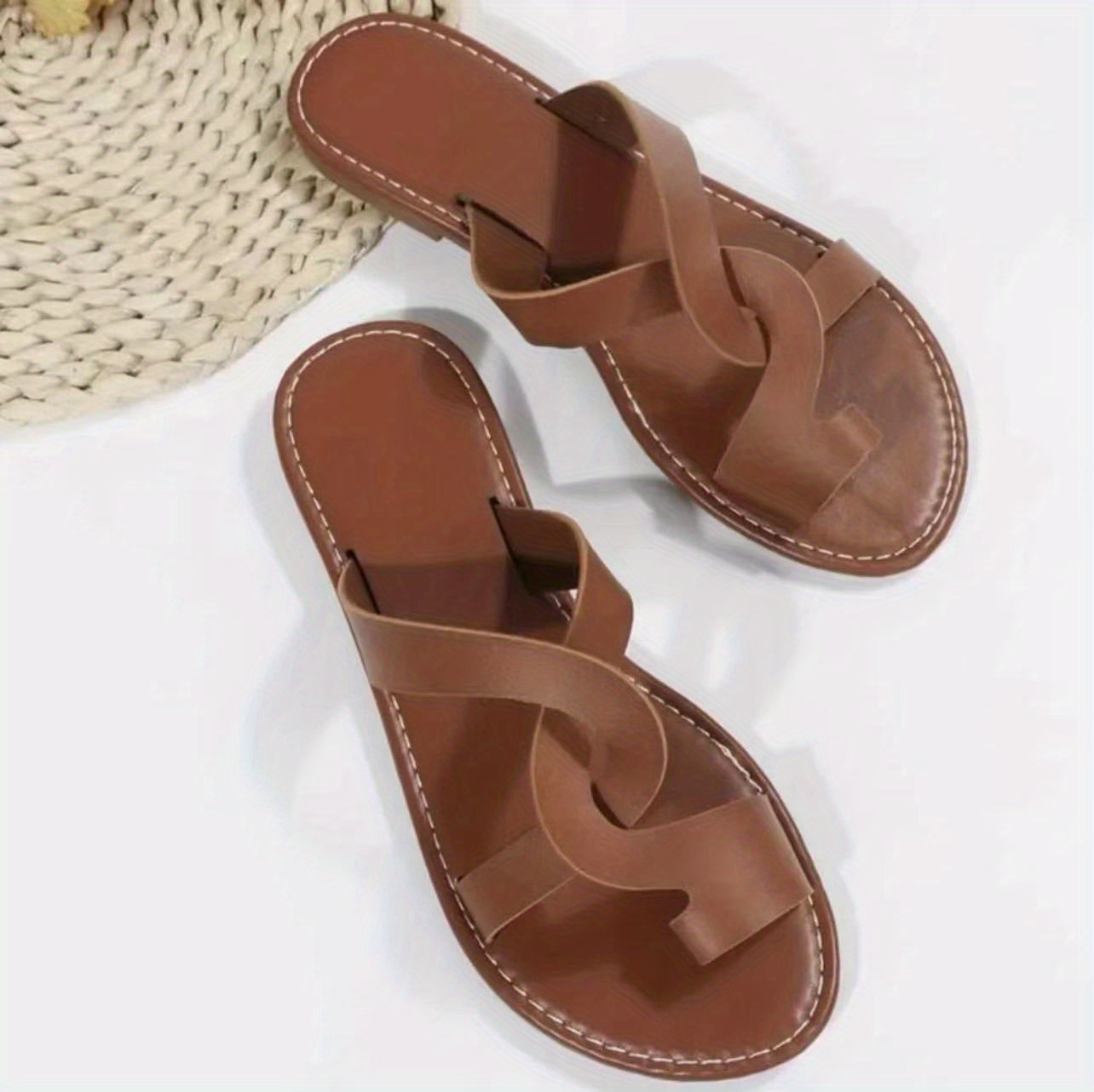 Women's Cross Strap Toe Loop Flat Slippers Solid Color Open - Temu ...