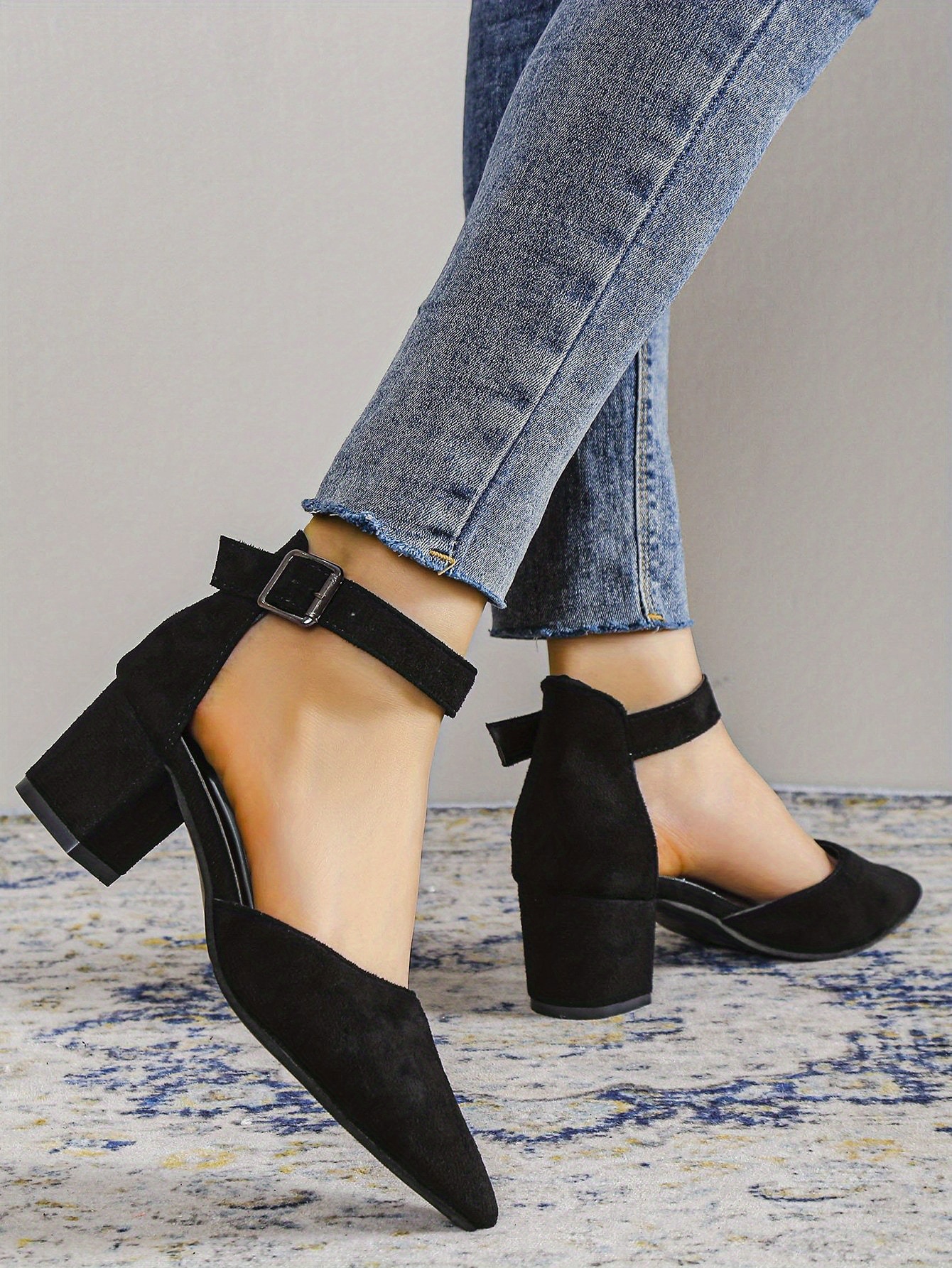 Women's Ankle Strap Chunky Heels Pointed Toe Solid Color - Temu