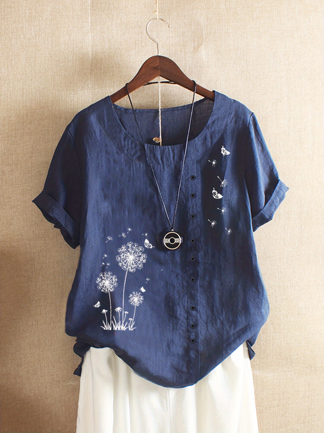 Dandelion Print Blouse Casual Crew Neck Short Sleeve Blouse - Temu ...