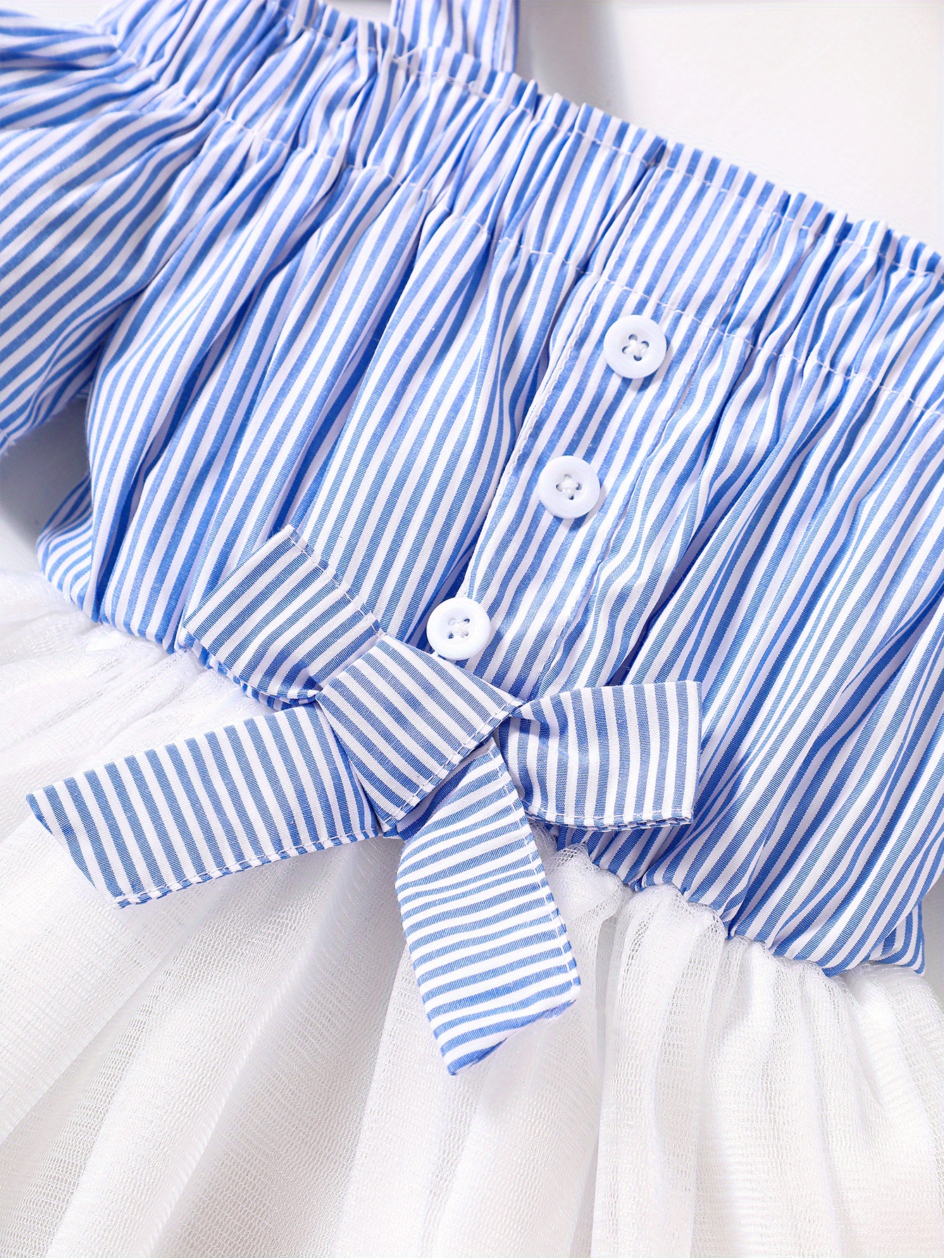 Little Girl Striped Suspender Bow Waist Mesh Spliced - Temu United