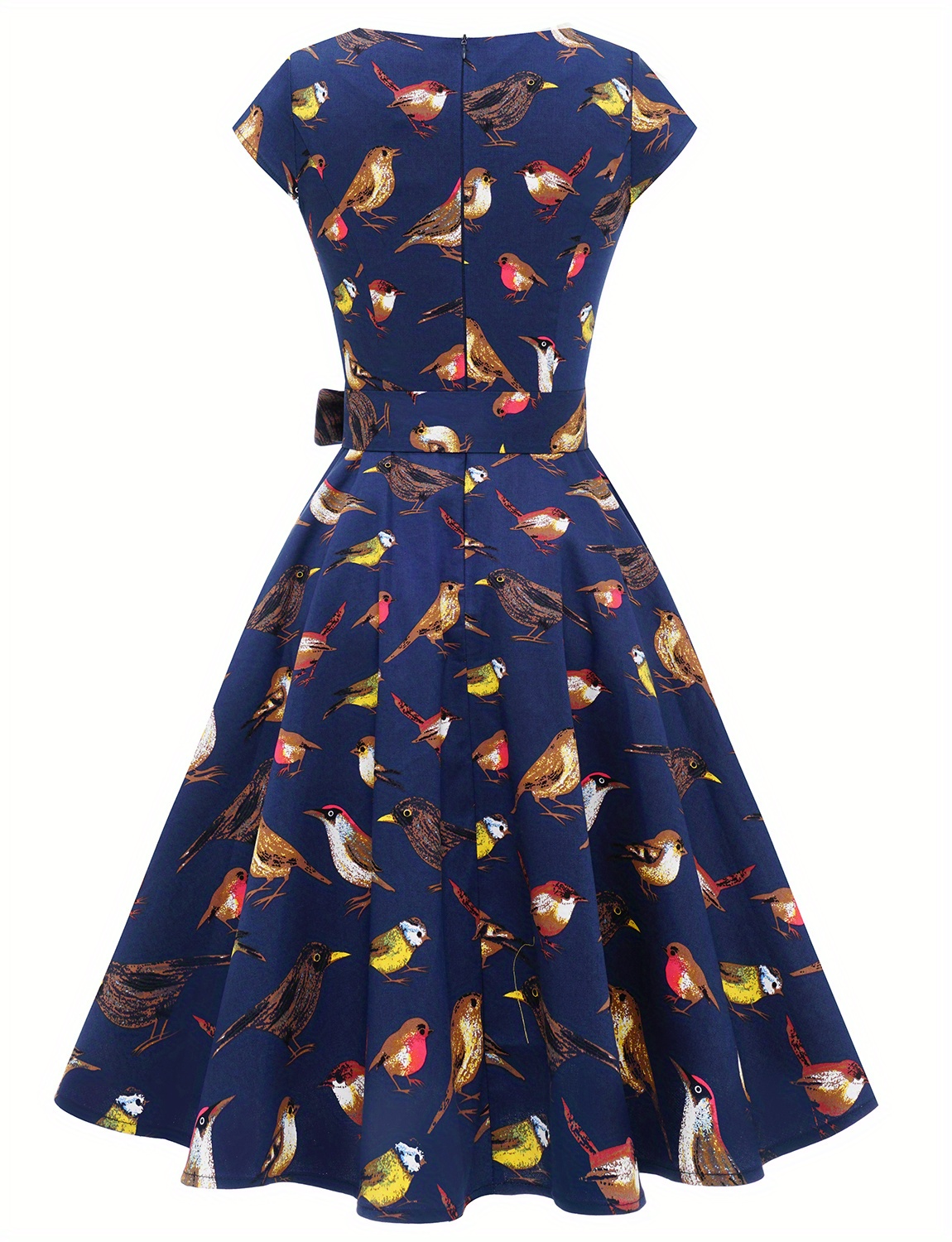 Birds Print Pleated Dress Elegant Crew Neck Cap Sleeve - Temu