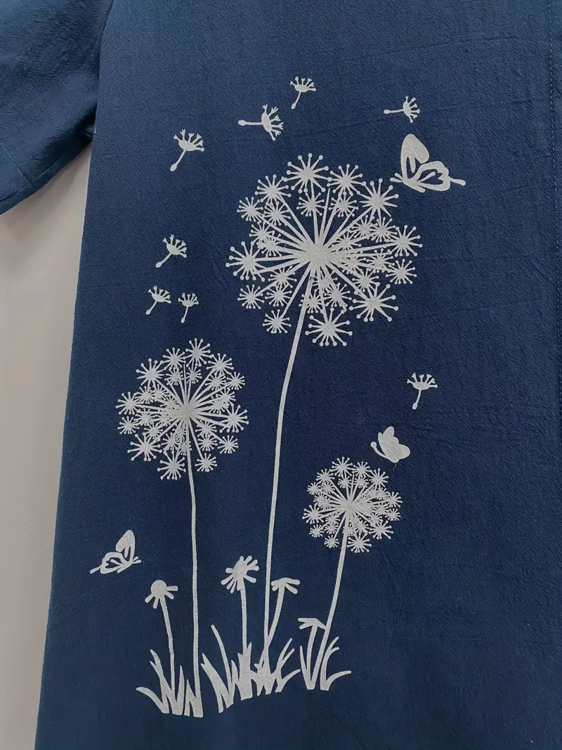 Dandelion Print Blouse Casual Crew Neck Short Sleeve Blouse Temu