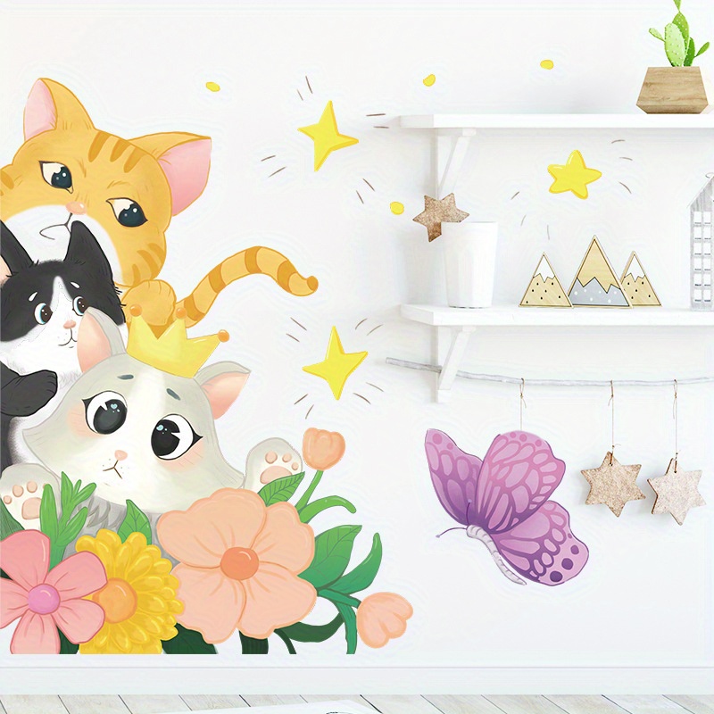 Cartoon Cute Kitten Butterfly Flower Wall Stickers Self - Temu United ...