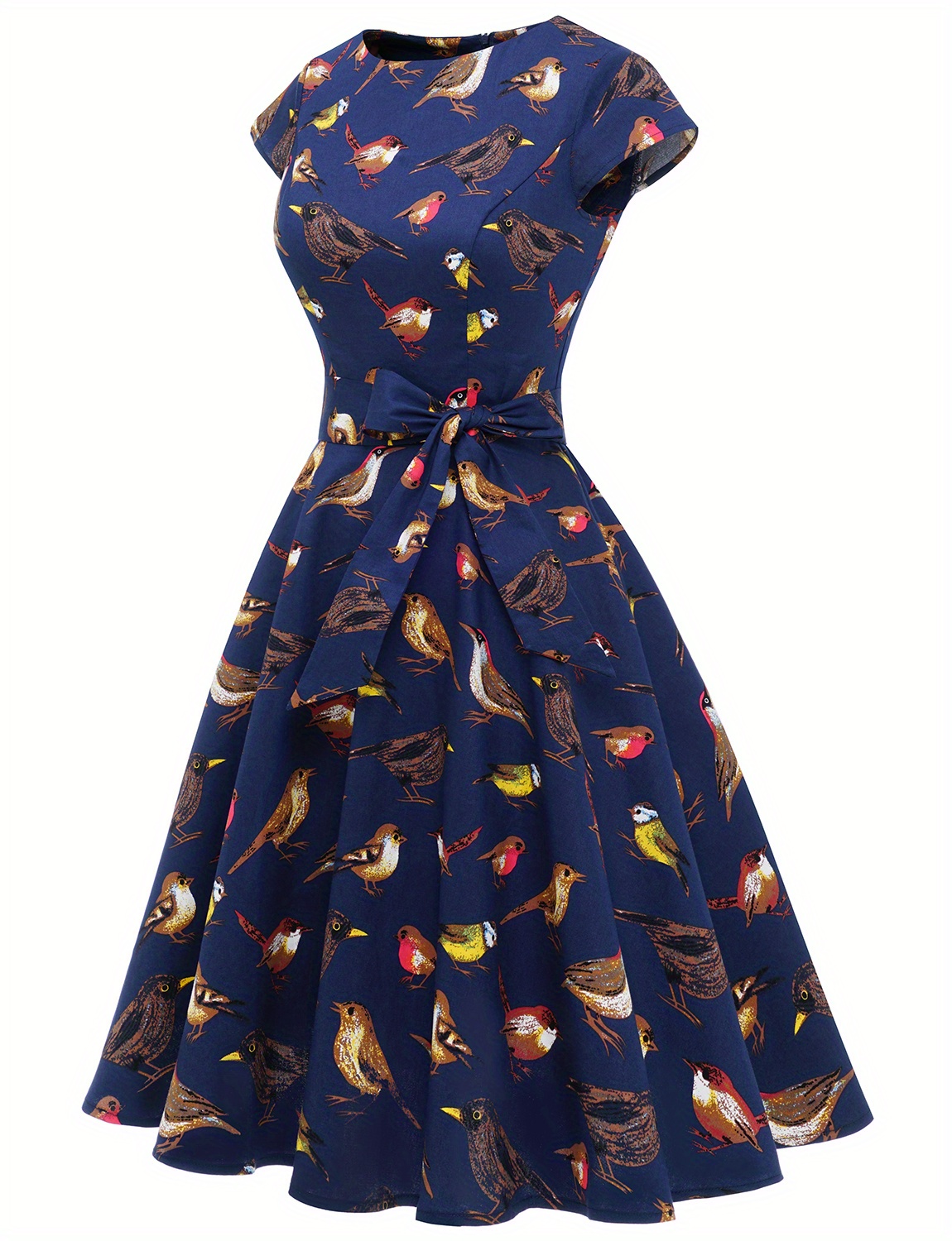 Birds Print Pleated Dress Elegant Crew Neck Cap Sleeve - Temu