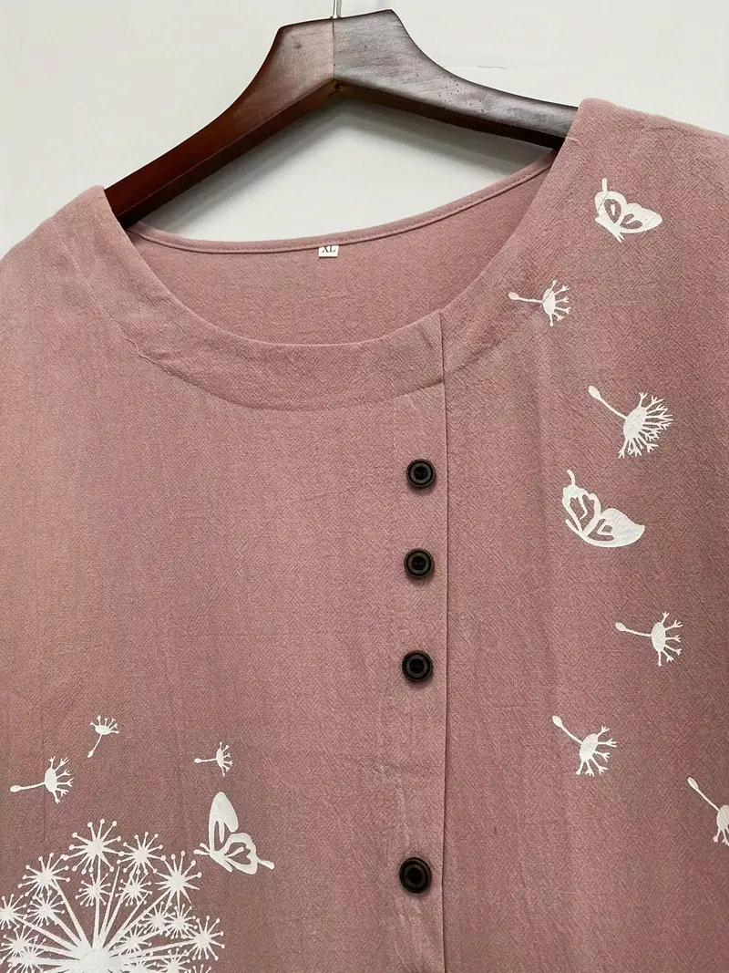 Dandelion Print Blouse Casual Crew Neck Short Sleeve Blouse Temu