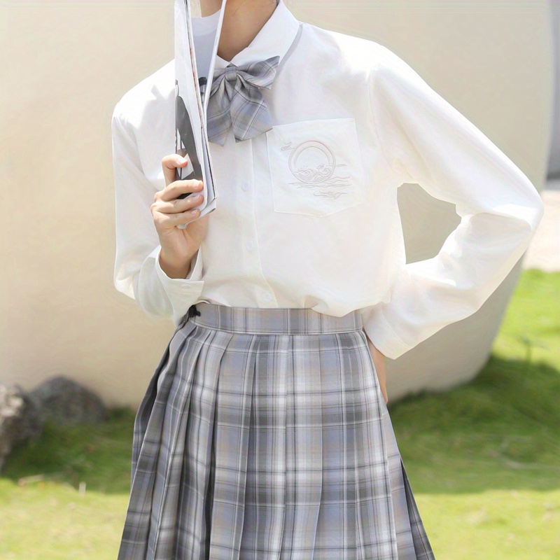 Button Front Embroidered Shirt Preppy Solid Long Sleeve Turn - Temu Norway