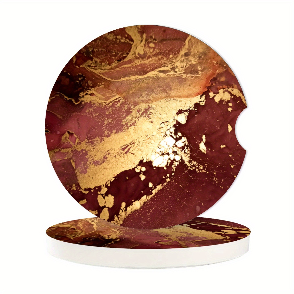 Gold Burgundy Ink Marble 2 Pack 6.5cm Ceramic Car Coasters With Cork ...