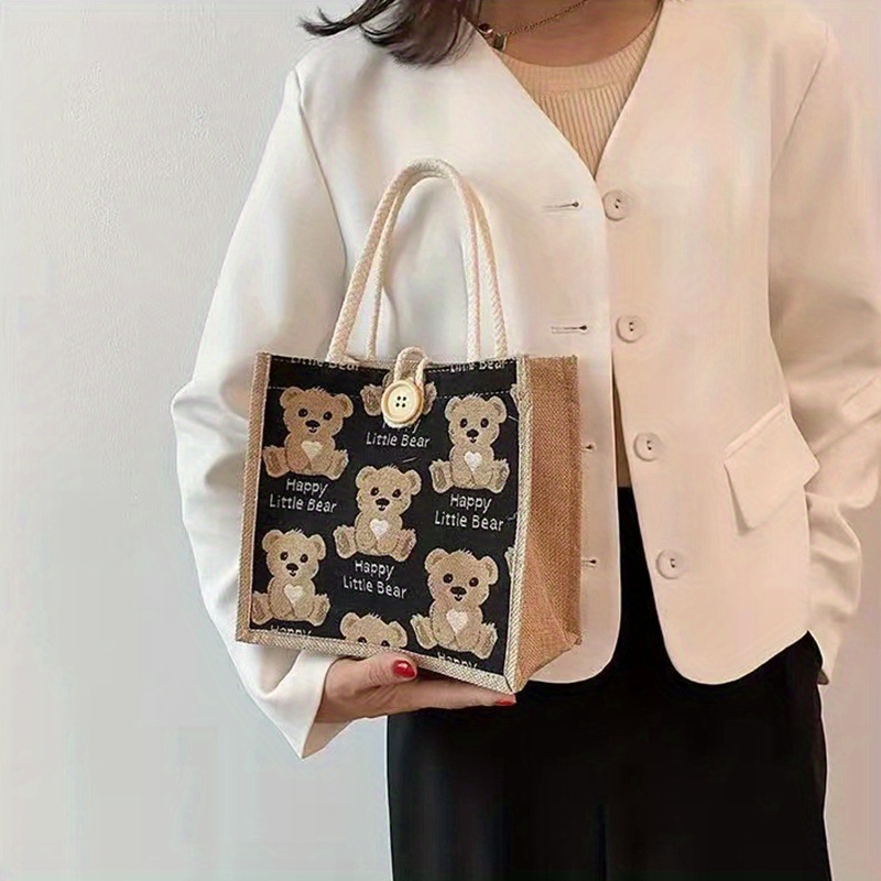 Bear Pattern Linen Tote Bag Cute Cartoon Lunch Bag Portable - Temu Canada