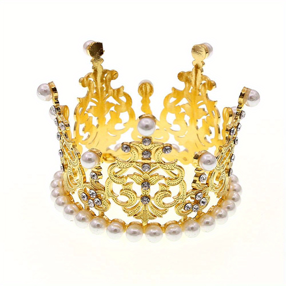 1pc Imitation Pearl Crown Cake Decoration Children's Alloy Round Crown ...