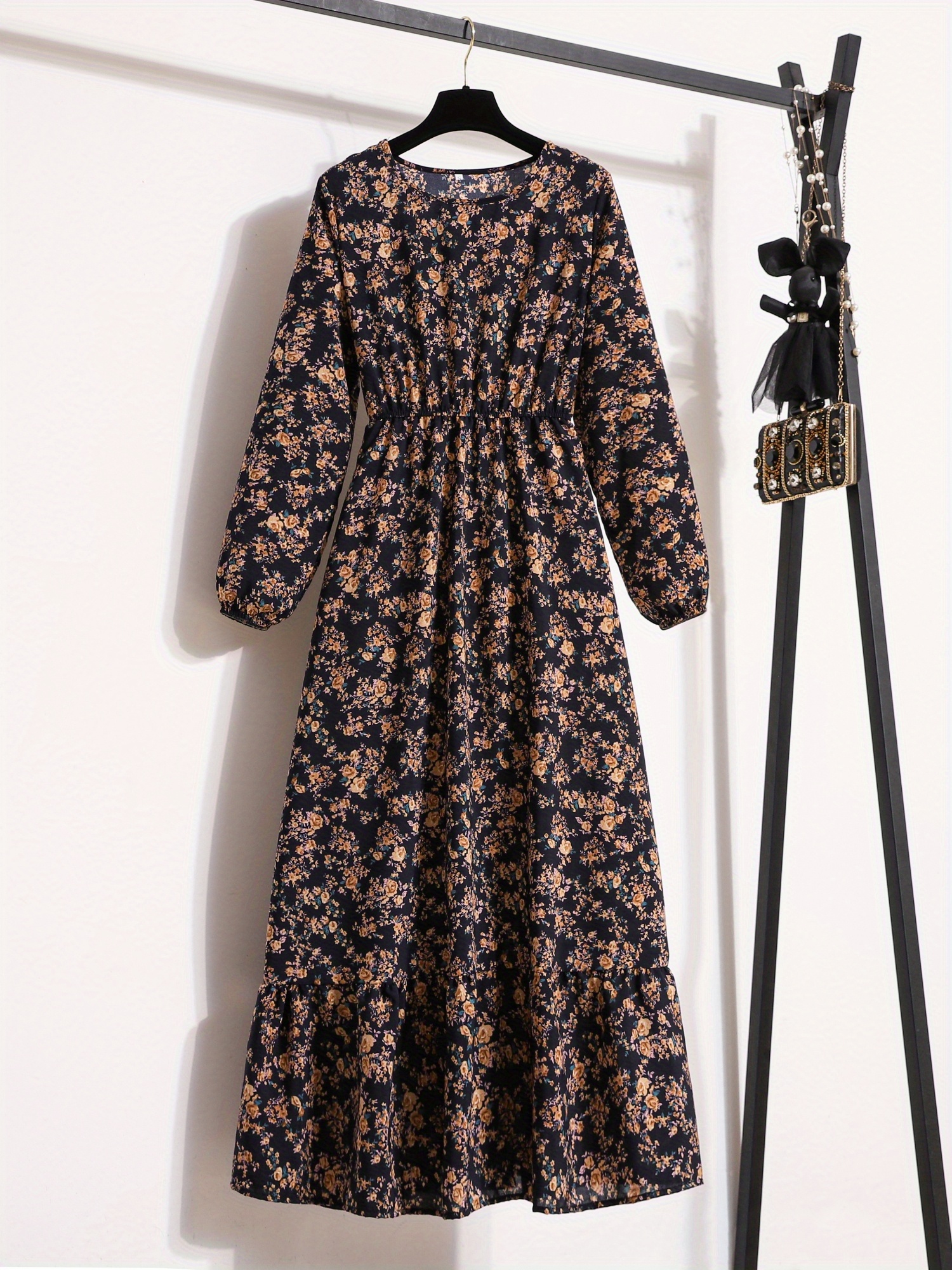 Floral Print Crew Neck Dress Elegant Long Sleeve Dress Temu Portugal