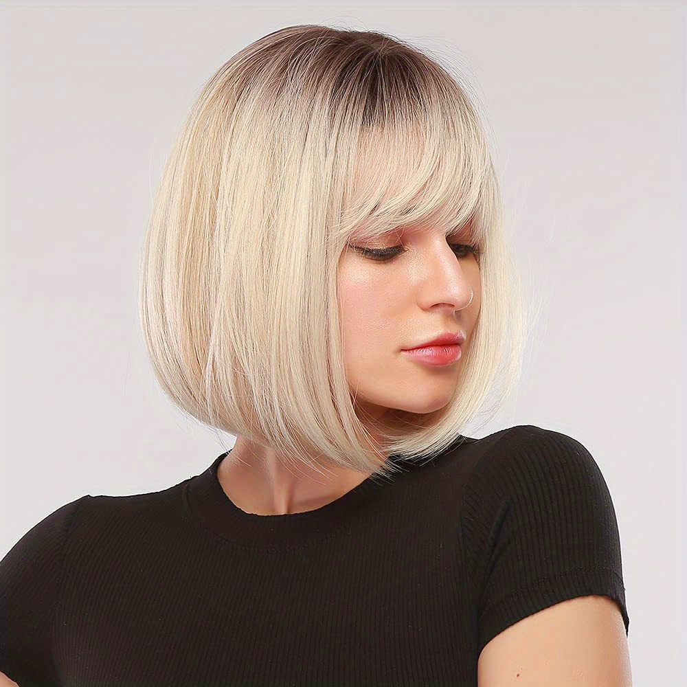 White Short Straight Bob Wigs Bangs Natural Synthetic Fiber Temu